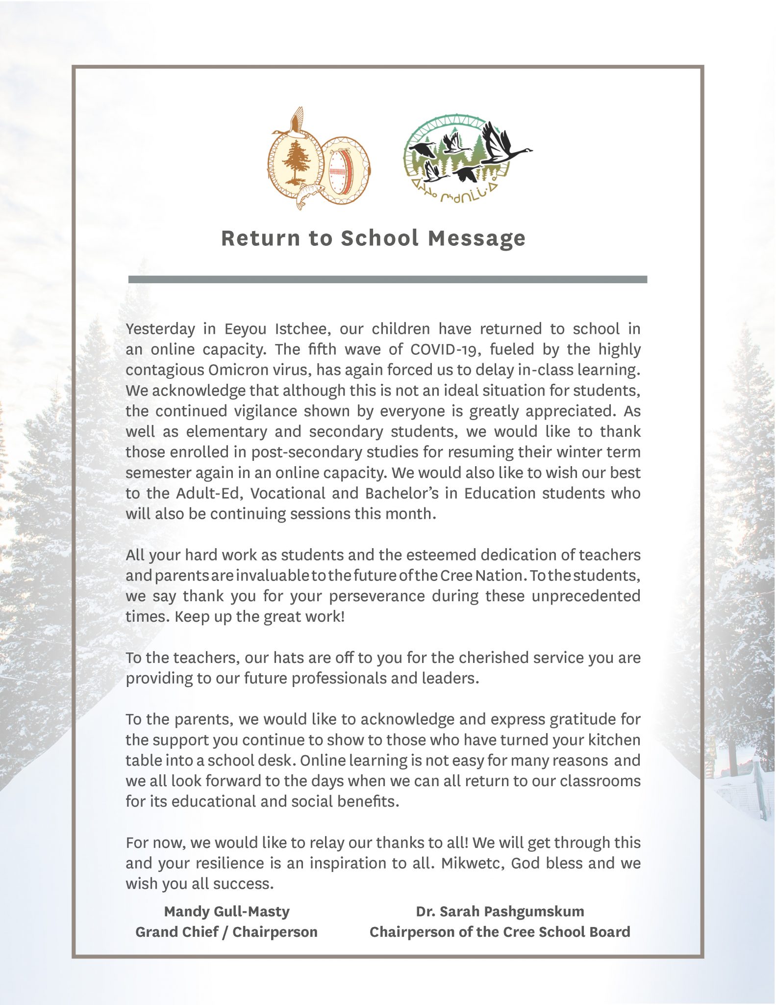 Back to School Statement | January 13, 2022 | The Grand Council of the ...